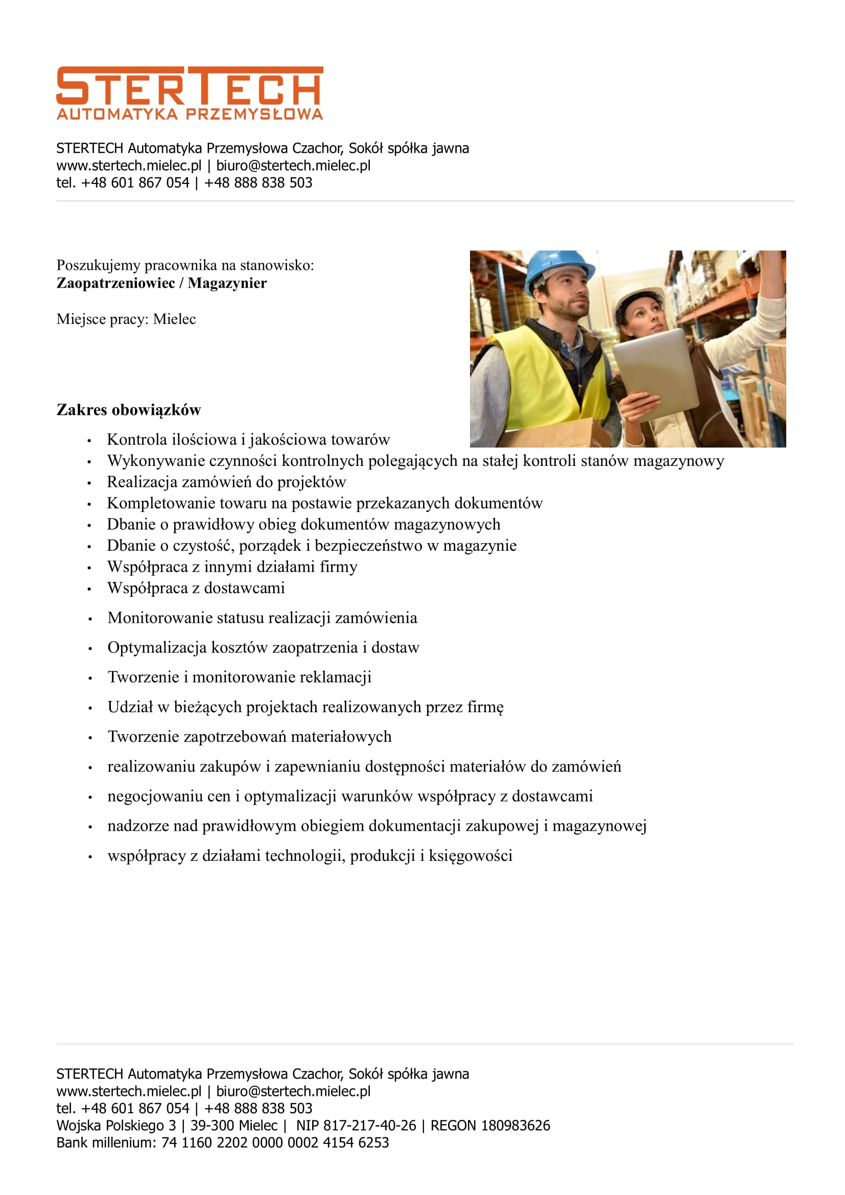 Oferta pracy - STERTECH - Portal Informacyjny Miasta i Gminy Połaniec